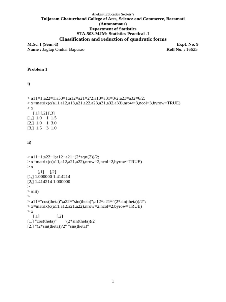9 Classification and Reduction of Quadratic Forms | PDF | Determinant ...