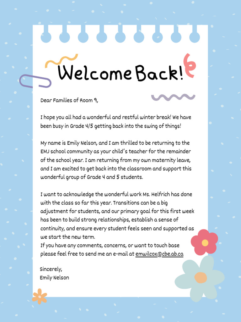 Mrs. Neslon Welcome Back | PDF