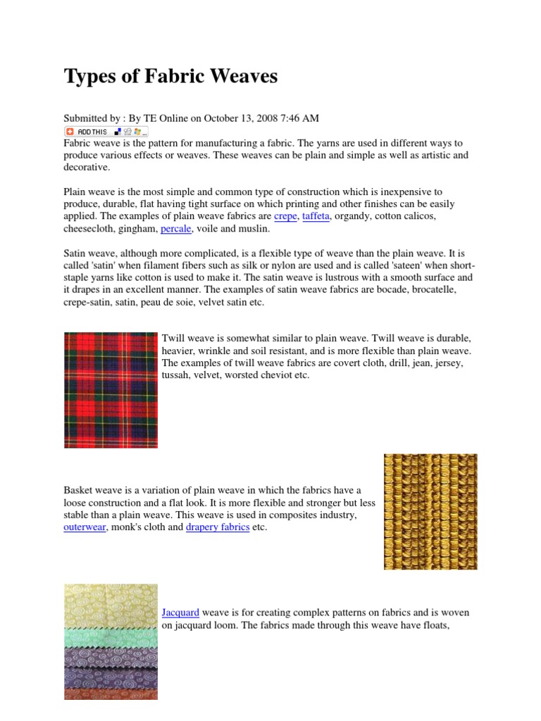 Overview of Fabric Weave Types | PDF | Textiles | Weaving