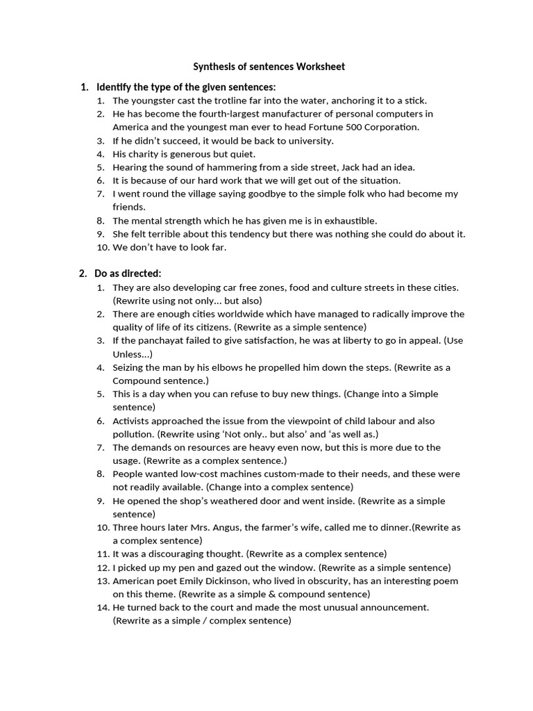 Synthesis of Sentences Worksheet | PDF