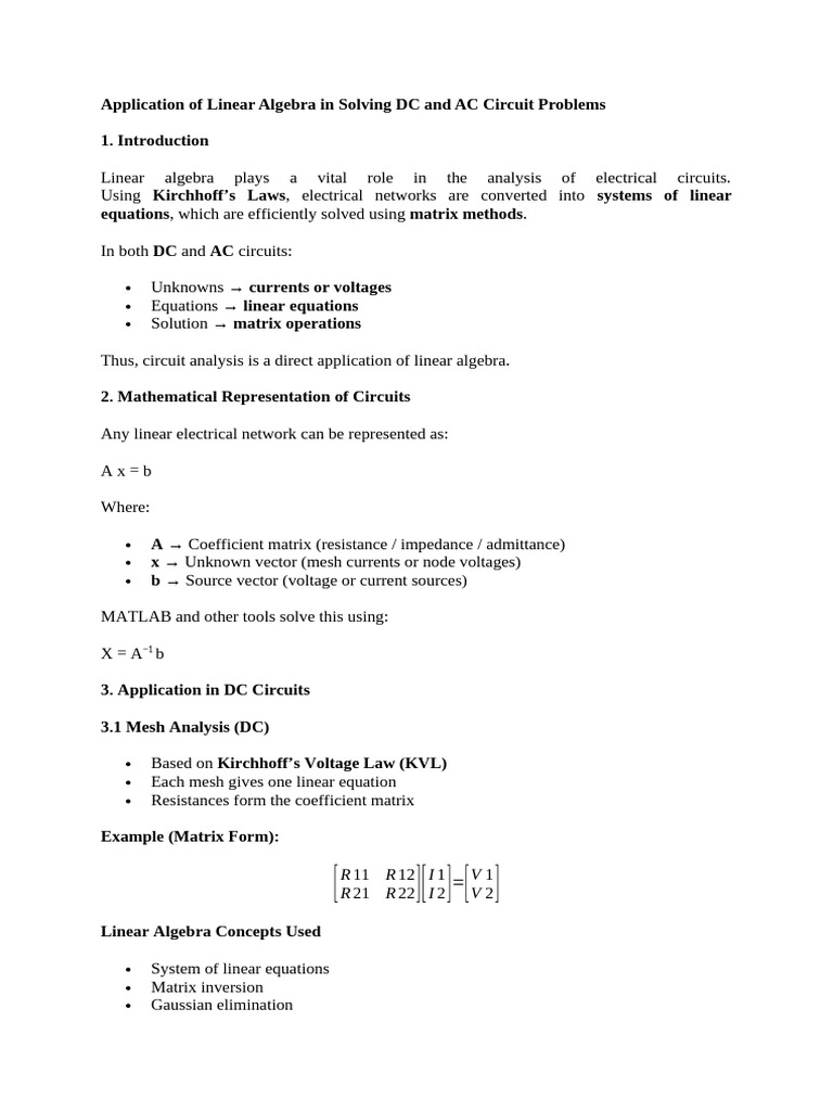 Application of Linear Algebra in Solving DC and AC Circuit Problems ...