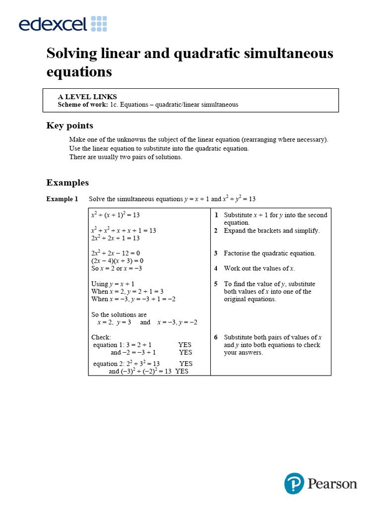 1c-2 Solving Linear and Quadratic Simultaneous Equations | PDF ...