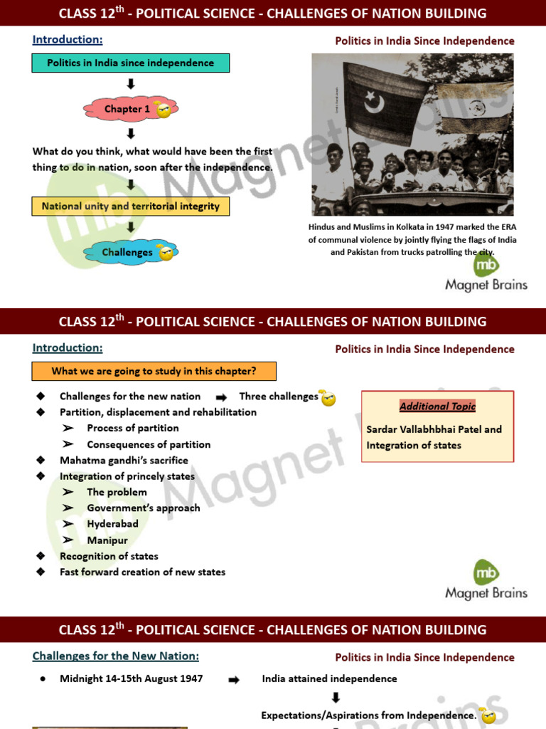 12th - Chapter 1 - Challenges of Nation Building - Politics in India ...