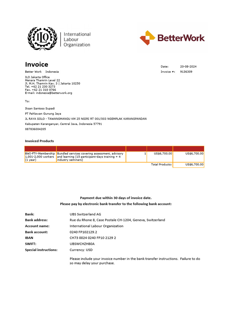 Better Work Invoice #9136309 | PDF