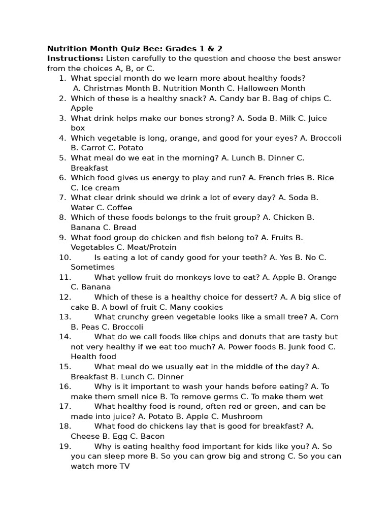 Nutrition Month Quiz Bee 1 | PDF | Foods | Meal