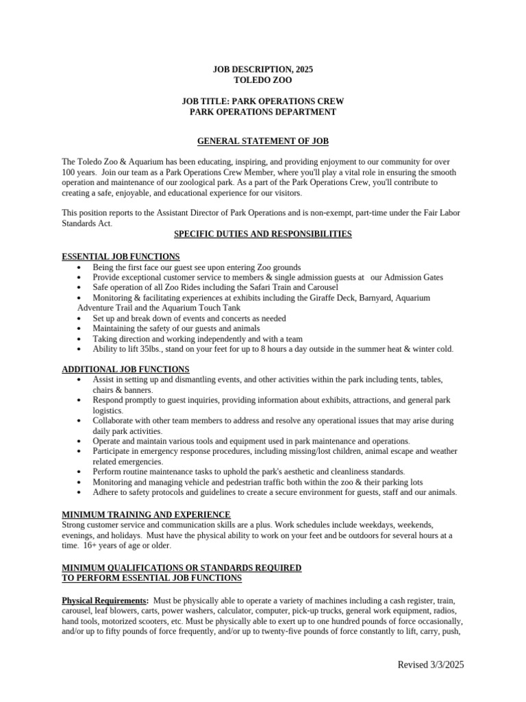 Park Operations Crew - Job Decription - March 2025 | PDF ...