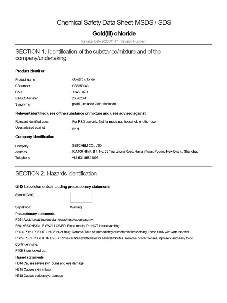 MSDS For Gold (III) Chloride | PDF | Dangerous Goods | Personal ...