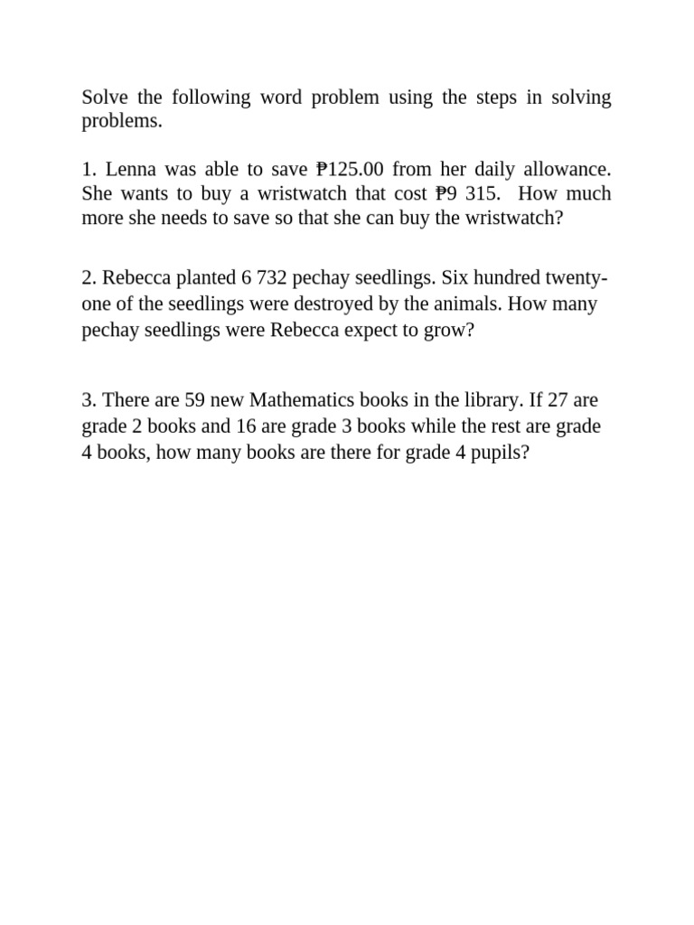 Solve the Following Word Problem Using the Steps in Solving Problems | PDF