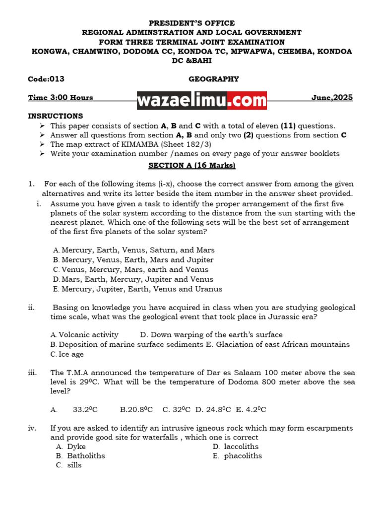 Geography Form Three Joint | PDF | Planets | Mercury (Planet)