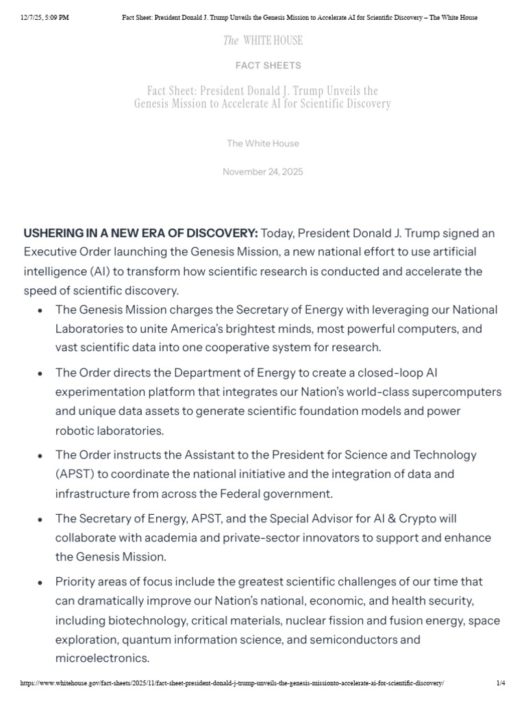 Fact Sheet - President Donald J. Trump Unveils The Genesis Mission To ...