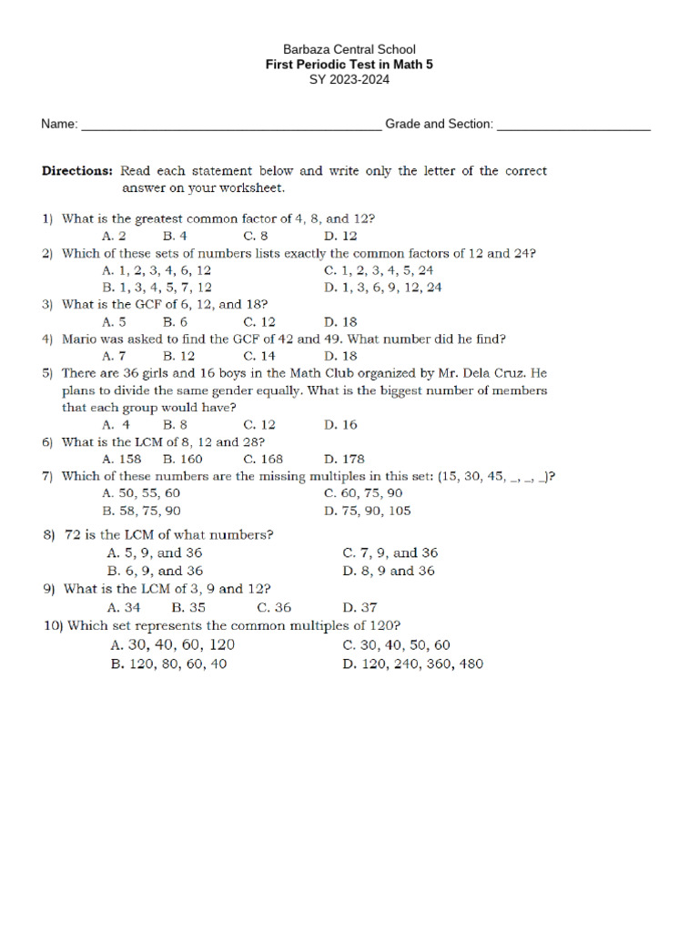 First Periodic Test Math 5 | PDF