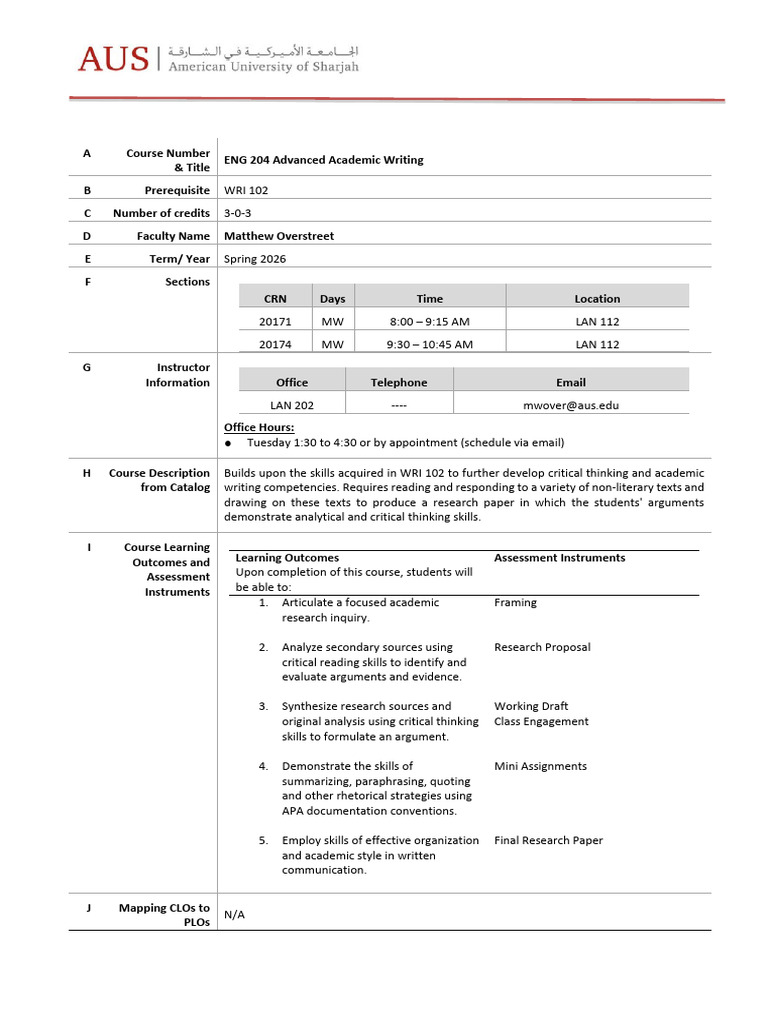 Syllabus - English 204 (Spring 2026) | PDF | Academic Integrity | Critical Thinking
