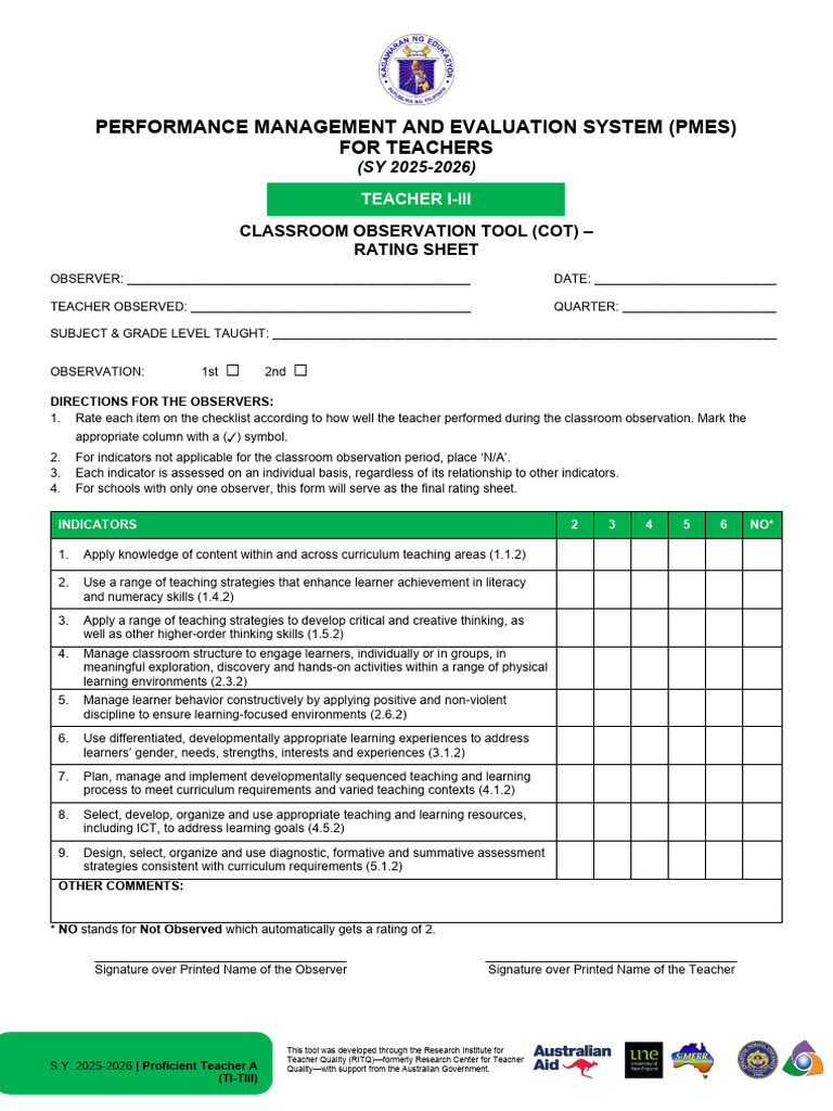 COT Rating Sheet and Observation Notes Form | PDF | Learning | Teachers