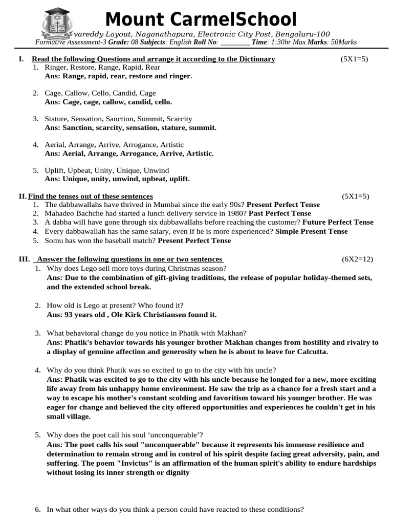 G-08 English FA-3 2025-26 Key Answer | PDF
