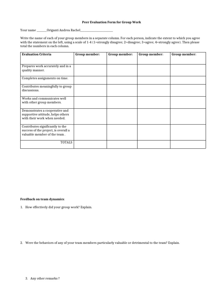 Peer Evaluation Form for Group Work | PDF
