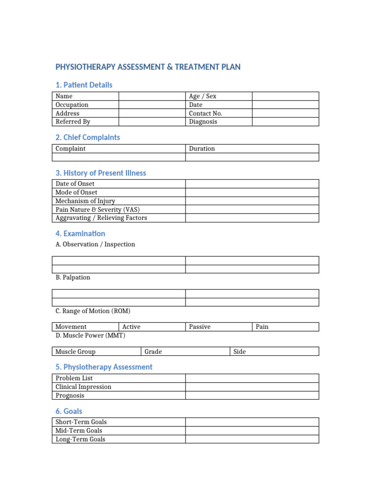 Physiotherapy Assessment Form Complete | PDF