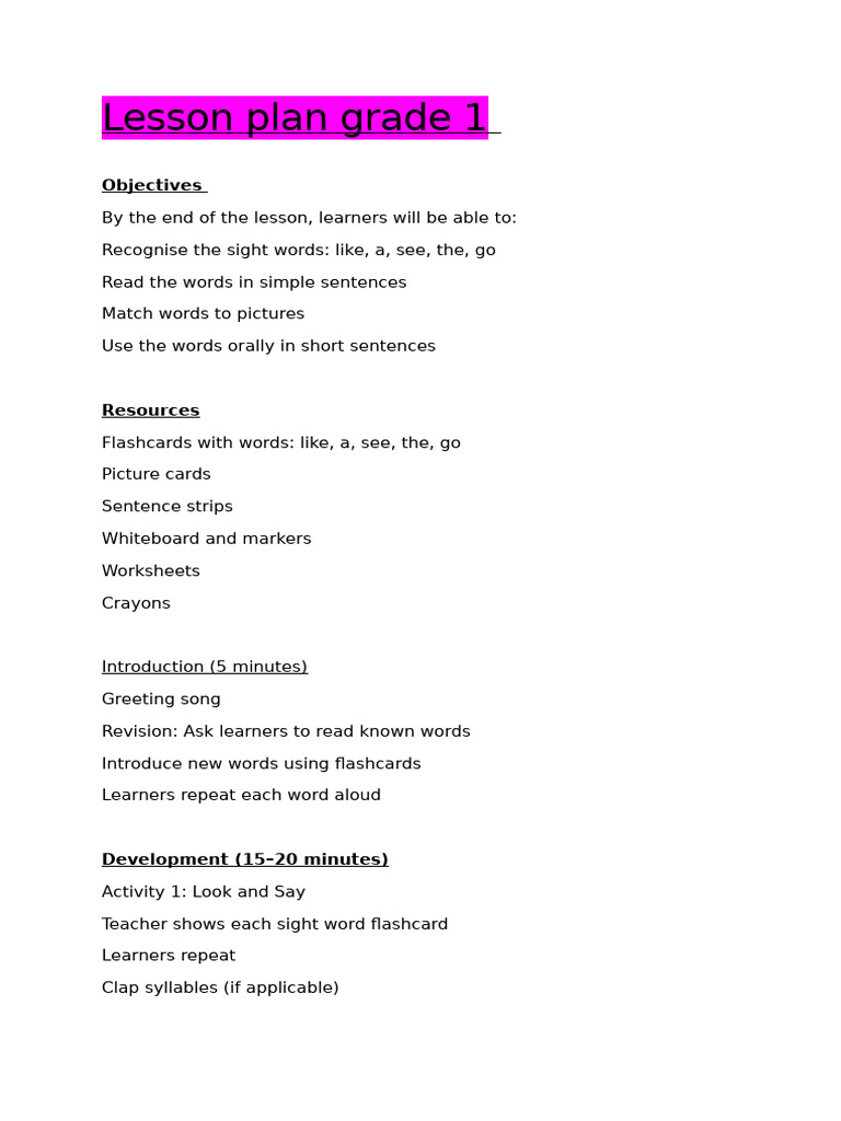 Lesson Plan Grade 1 | PDF