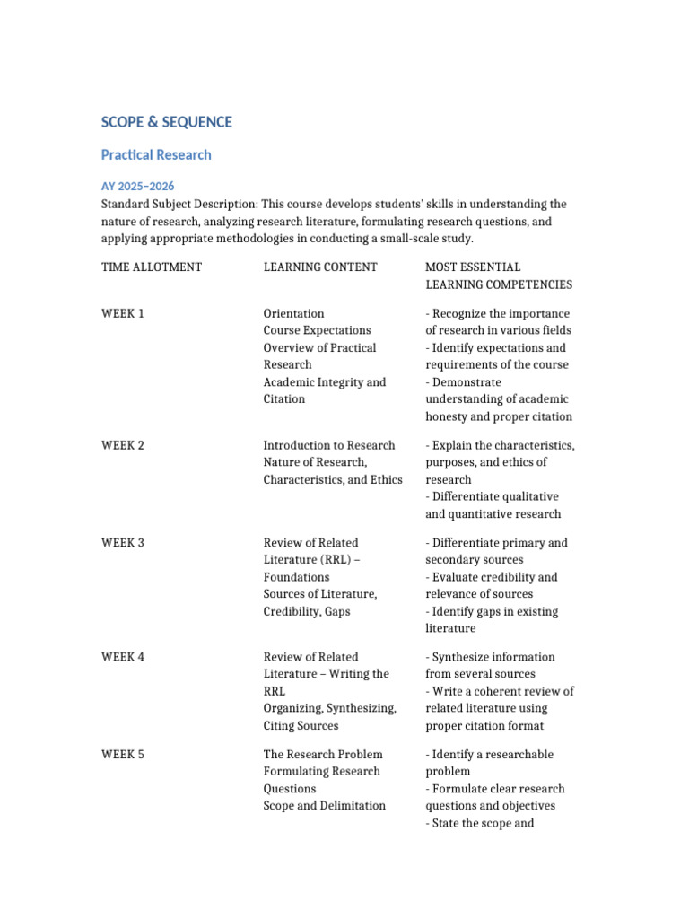 Practical Research Scope and Sequence TABLE | PDF | Methodology ...