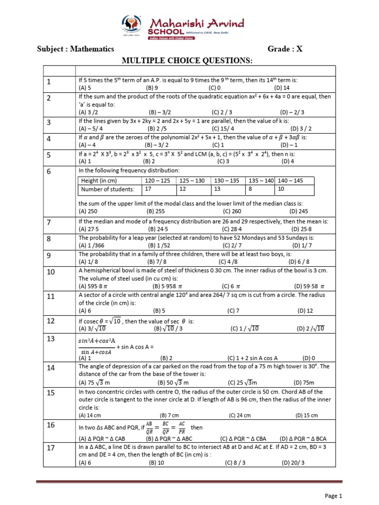Class X Math MCQ Worksheet | PDF | Circle | Angle