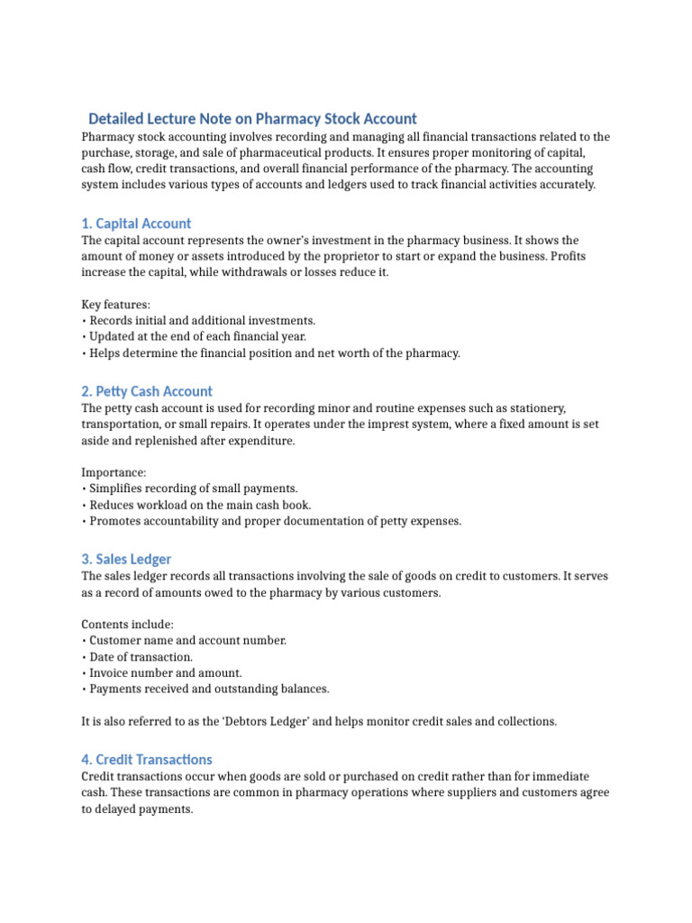 Detailed Lecture Note On Pharmacy Stock Account | PDF | Bookkeeping ...