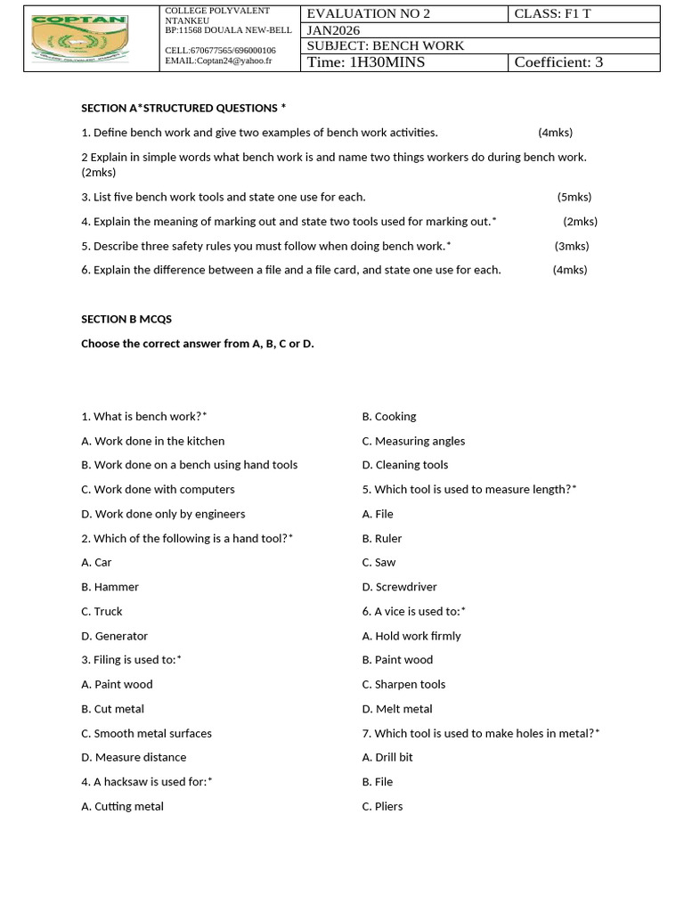 f1 BENCH WORK TEST3 | PDF | Tools | Metalworking