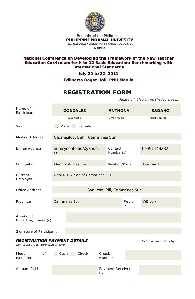 Registration Form: Philippine Normal Univesity | PDF | Service ...
