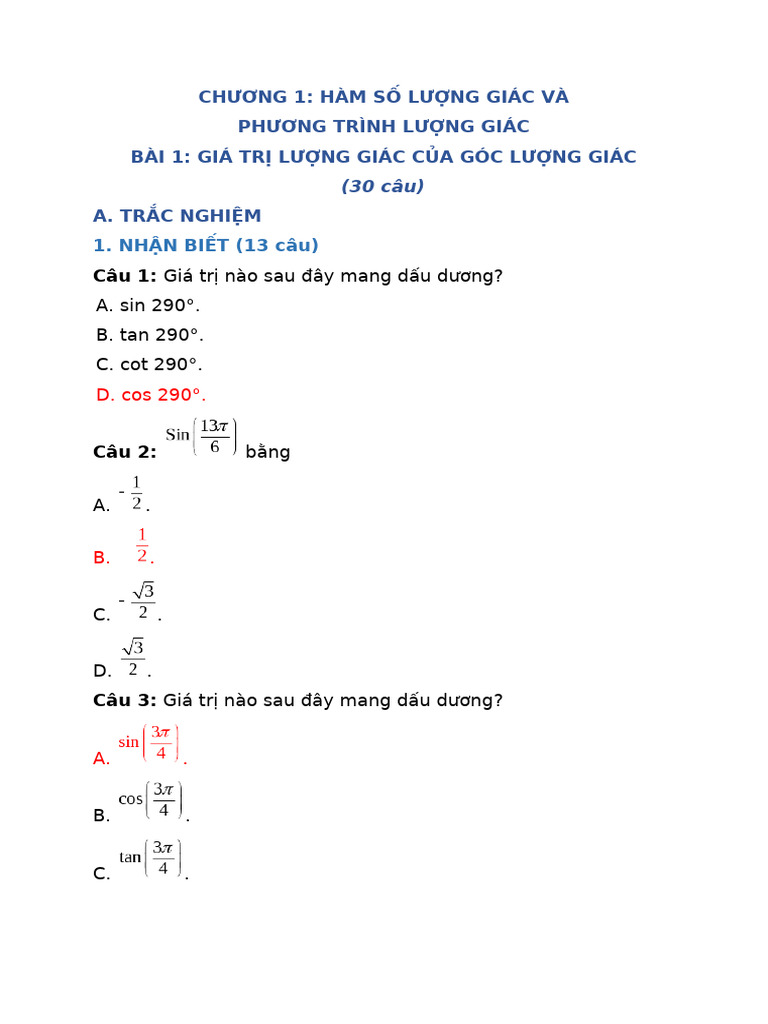Bai 1 Gia Tri Luong Giac Cua Goc Luong Giac | PDF