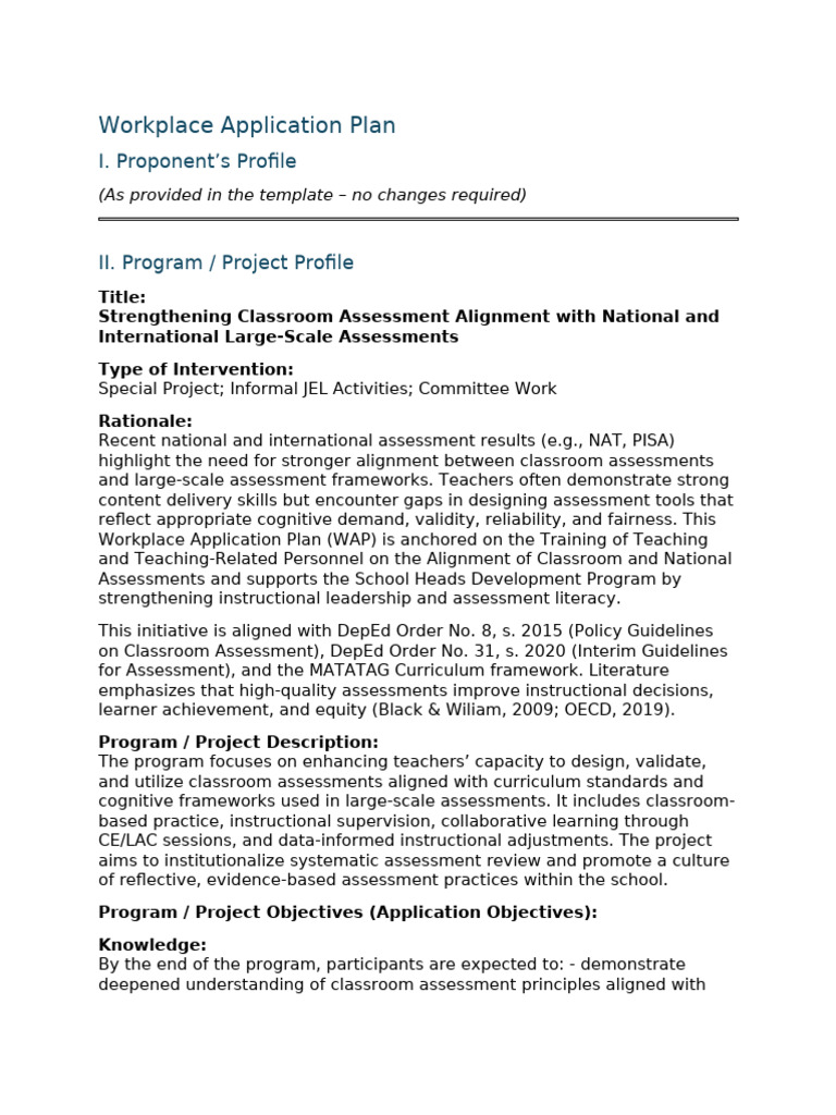 Workplace Application Plan - Alignment of Classroom and National ...