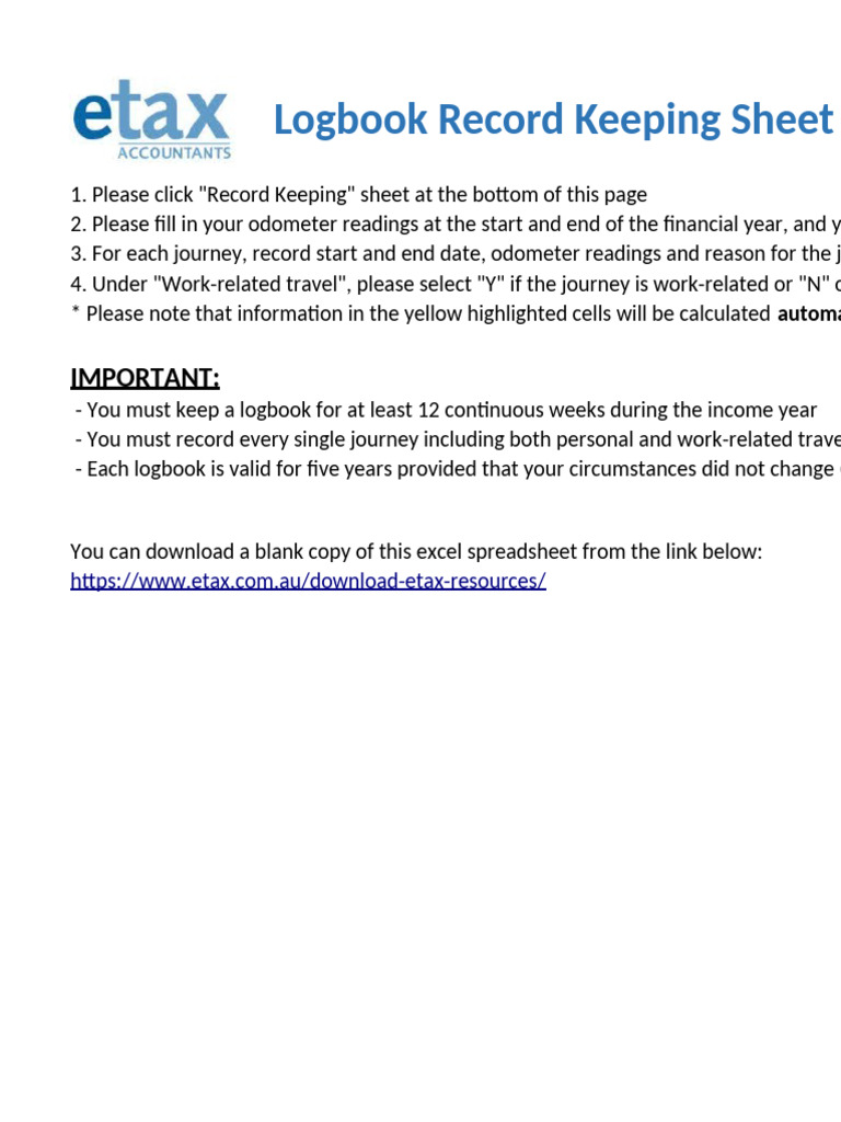 Etax Car Logbook Template (2) | PDF