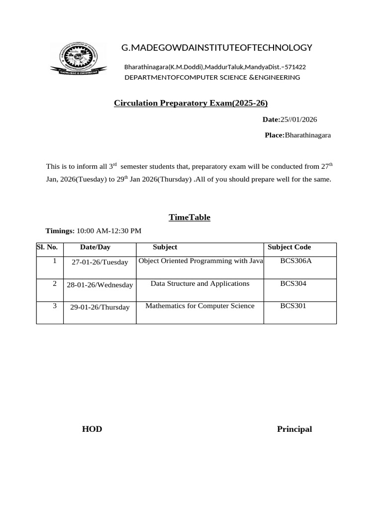 Preperatory Time Table 3rd Sem CSE | PDF