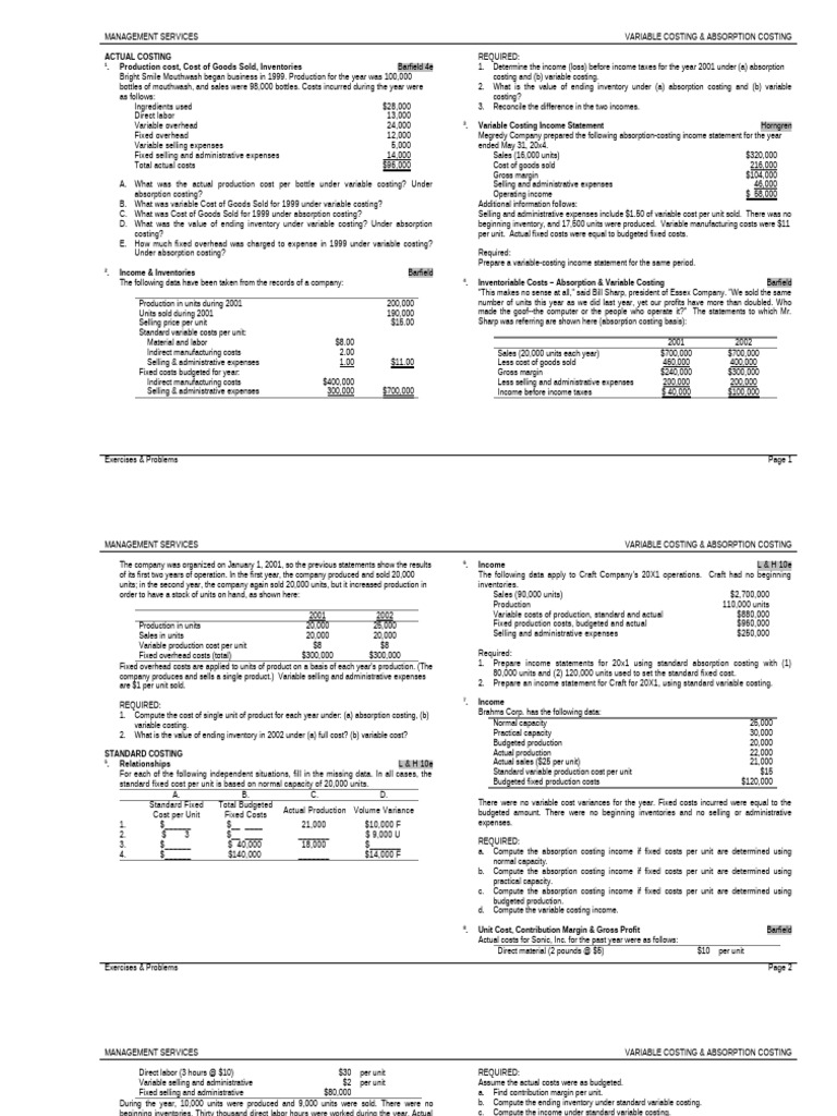 Ex 05 Variable Costing Absorption Costing | PDF | Cost Of Goods Sold ...