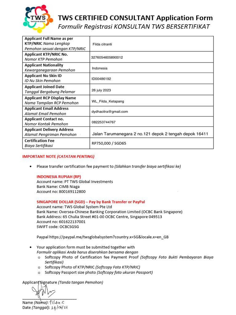 TWS Certified Consultant Application Form 2024 (Group 2) (1) | PDF