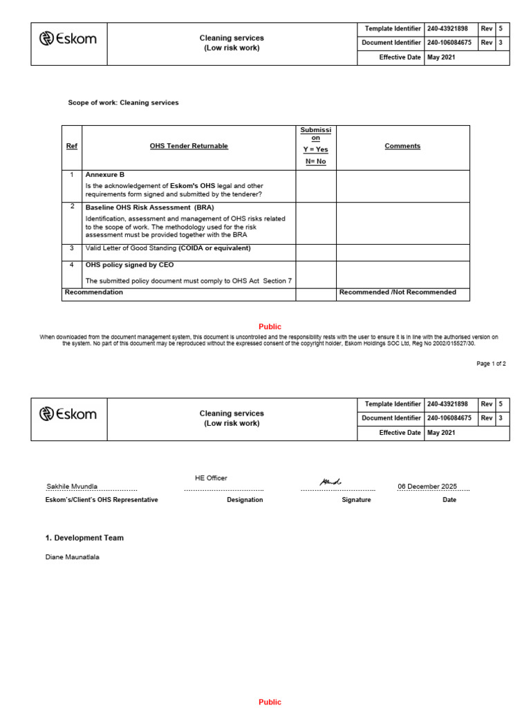 OHS Tender Evaluation Template low risk work (Cleaning services) | PDF