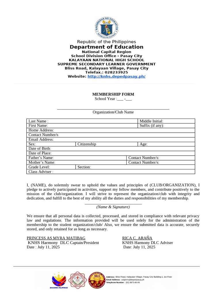 Membership Form and Parental Consent | PDF | Justice | Crime & Violence