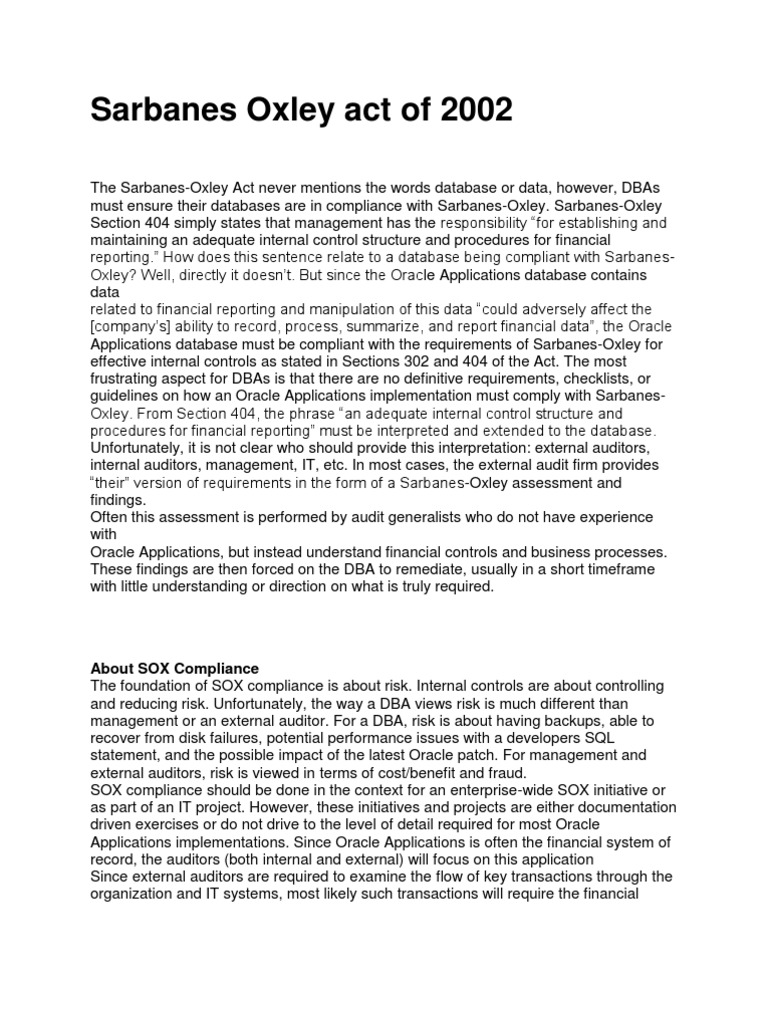 Sox | PDF | Sarbanes–Oxley Act | Oracle Database