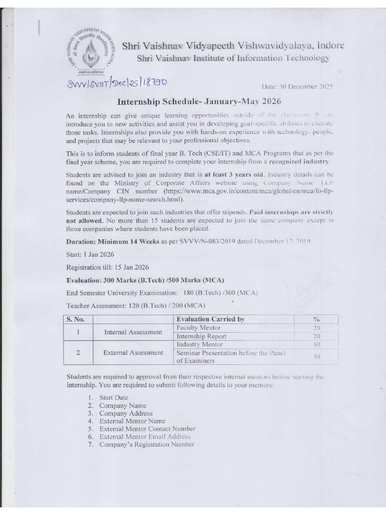 Internship Schedule January May 2026 | PDF