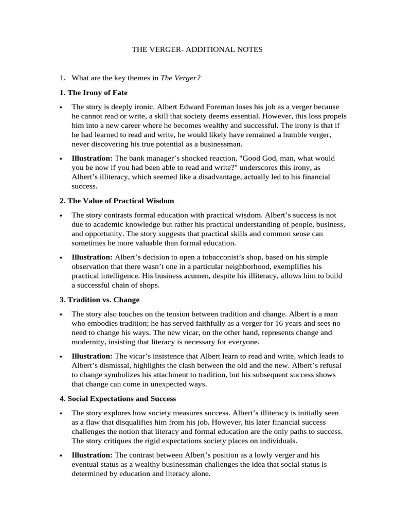 The Verger - Additional Notes | PDF | Literacy | Psychological Resilience