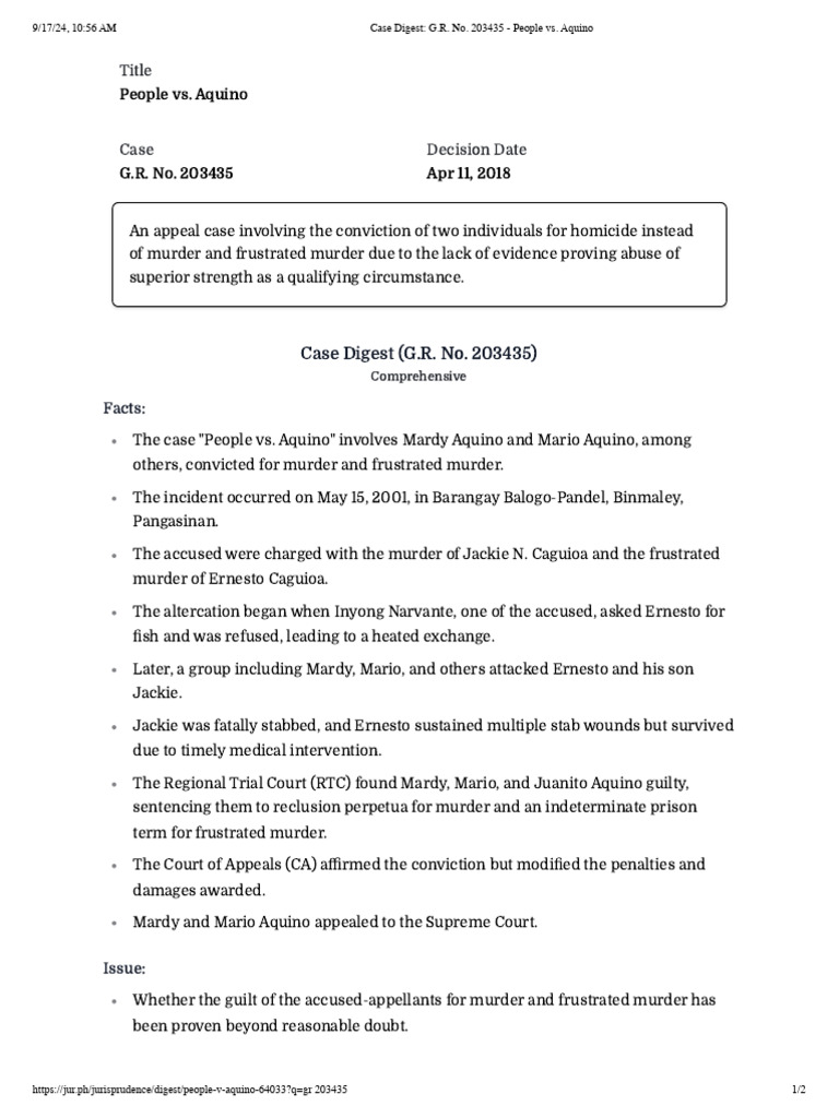 Case Digest_ G.R. No. 203435 - People vs. Aquino | PDF | Murder | Crimes