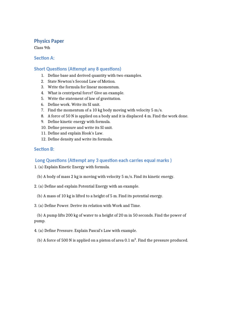 Class 9 Physics Paper | PDF