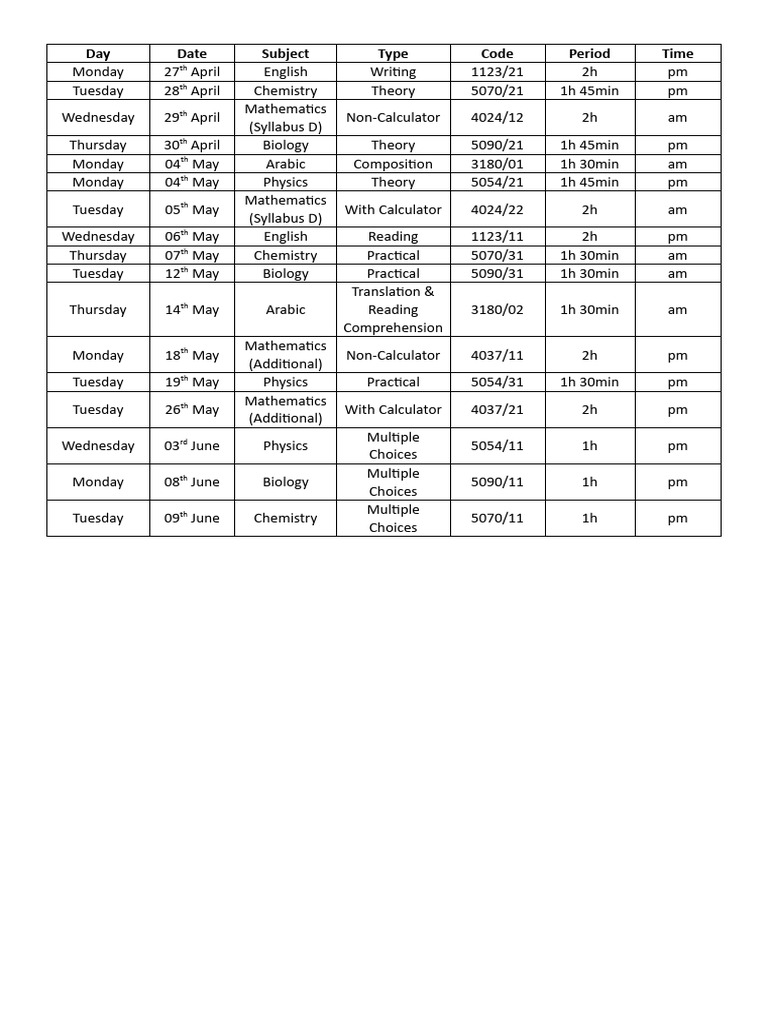O Level Examination Timetable | PDF