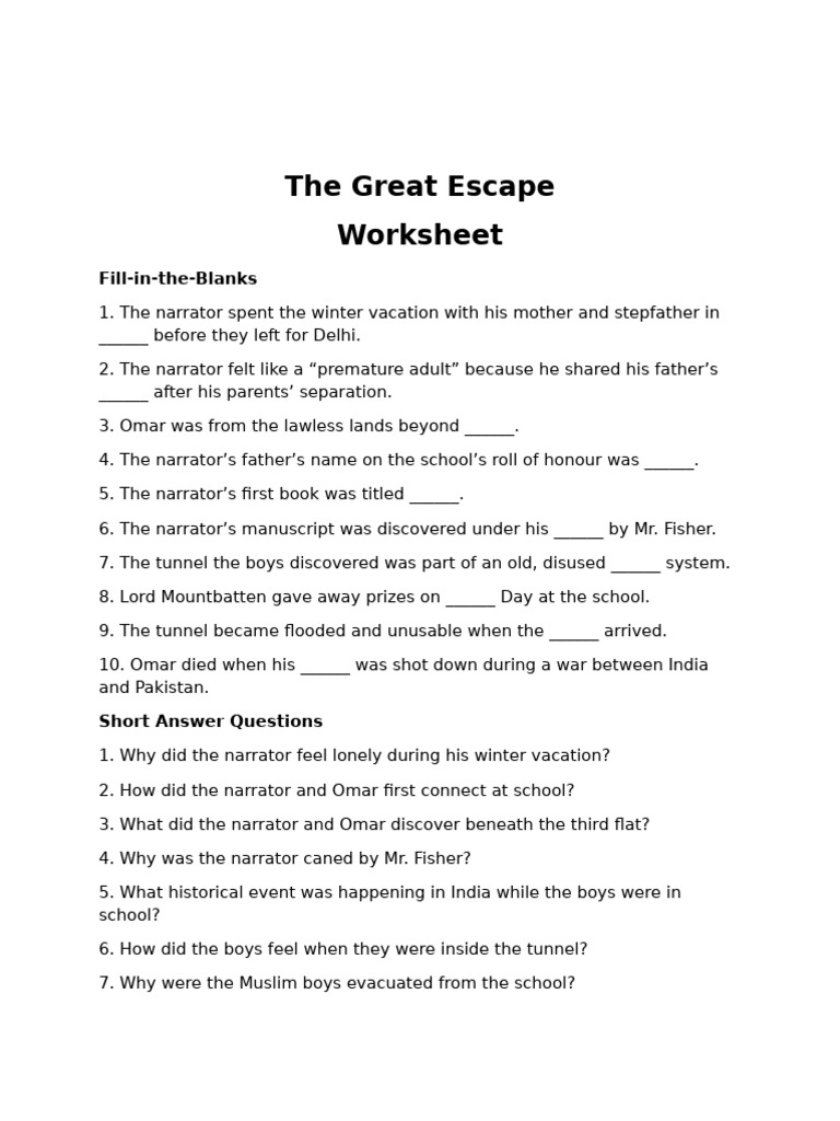 Worksheet on the Great Escape | PDF