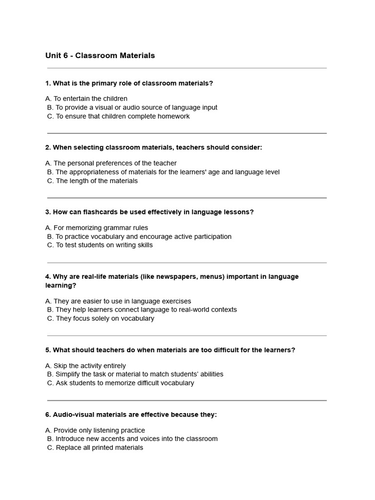 TKT YL Unit 6 - Classroom Materials | PDF | Learning | Classroom
