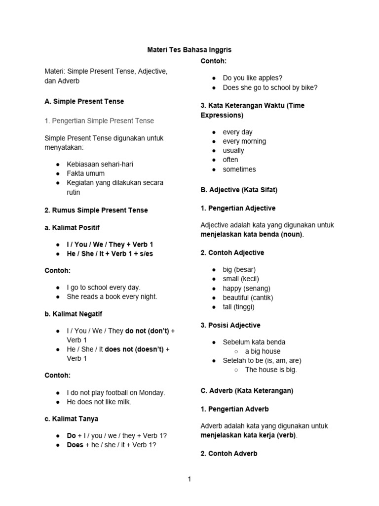 Materi Tes Bahasa Inggris | PDF | Verb | Adjective