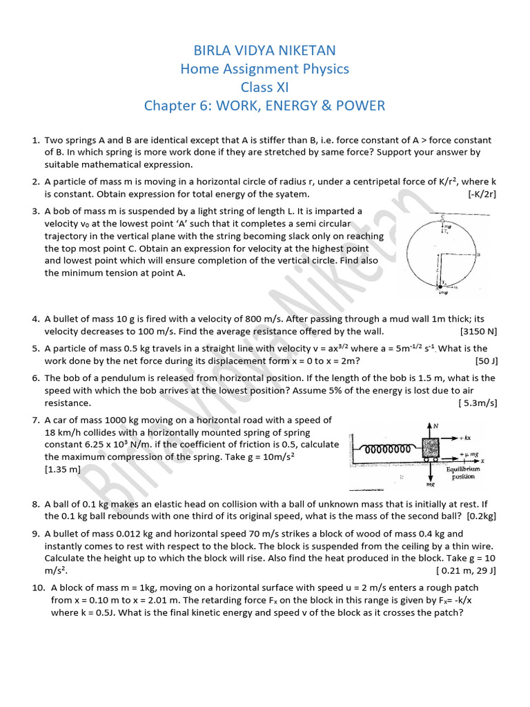 Ch5 Physics Home Assignment Work Energy & Power | PDF | Force ...