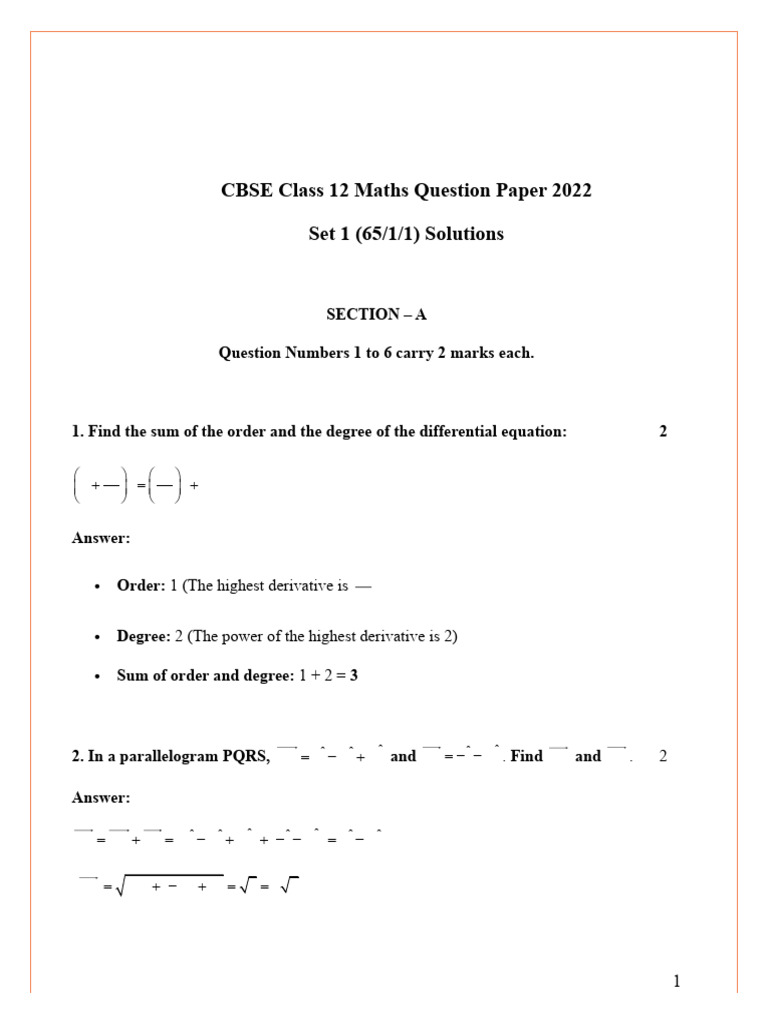 Class 12 Maths 2022 Set-1 (65!1!1) Question Paper With Solutions (1) | PDF | Equations | Integral