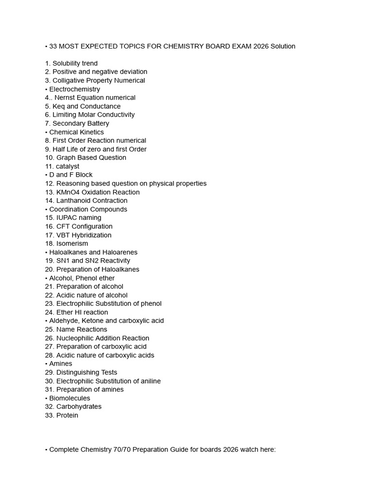 33 Most Expected Topics for Chemistry Board Exam 2026 Solution | PDF