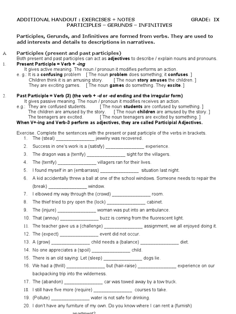 Participles, Gerunds, and Infinitives Guide | PDF | Verb | Adjective