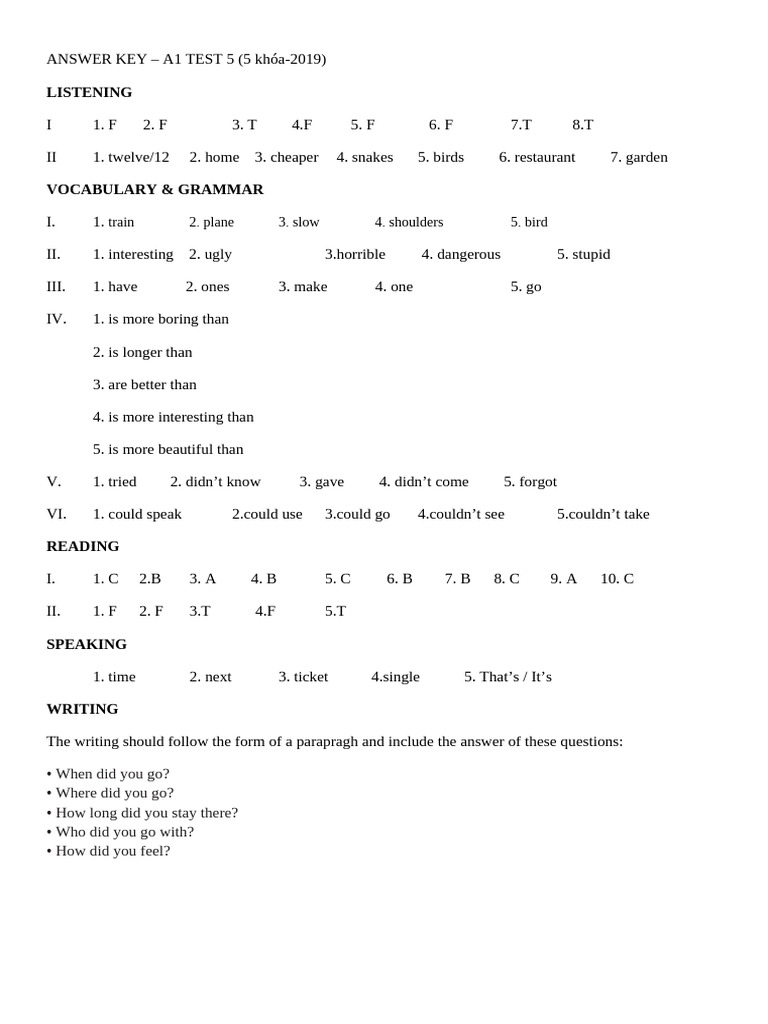 a1 Test5 Answer Key | PDF