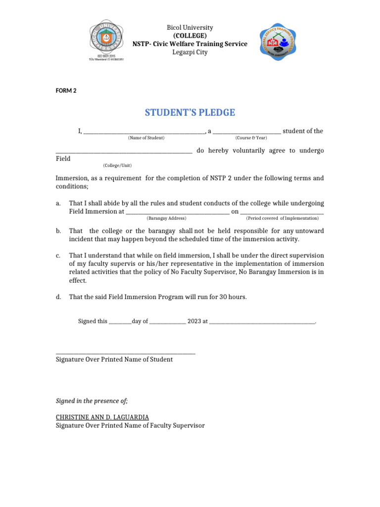FORM 2 Students Pledge Waiver 2 | PDF