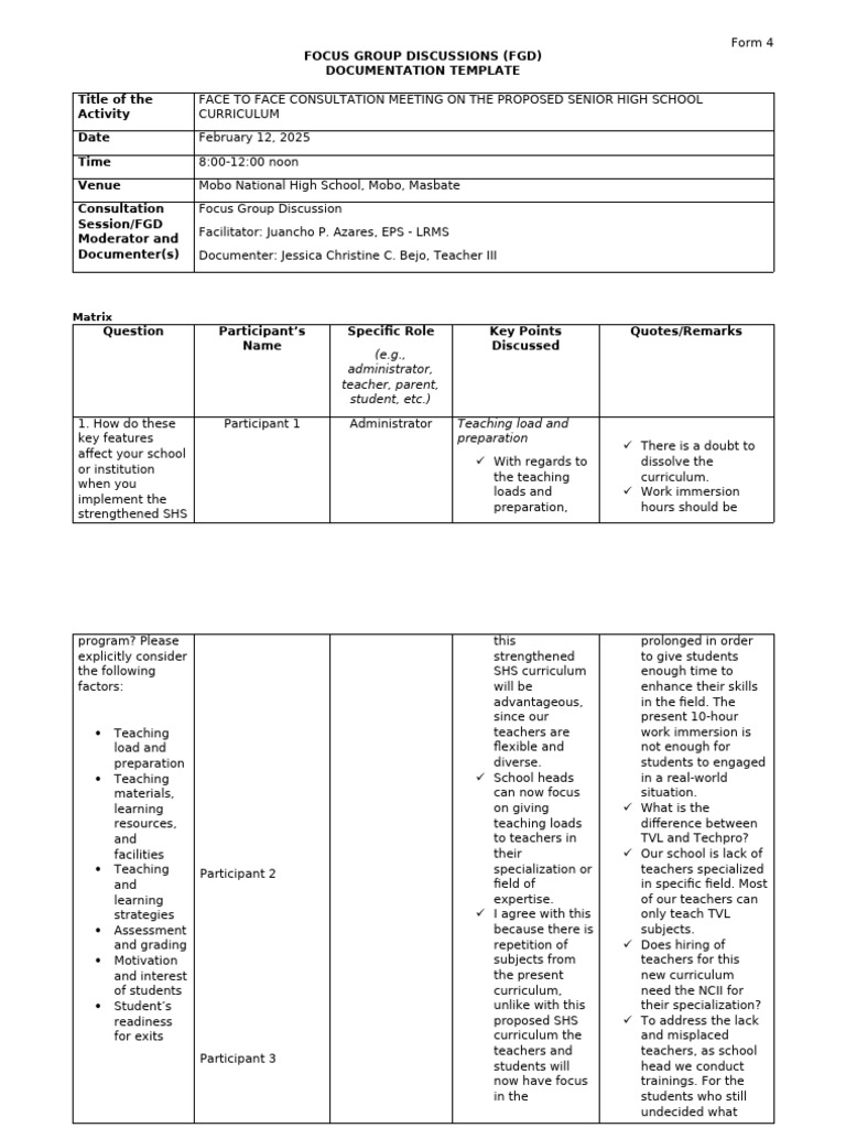 Form 4 - Documentation Template For FGD School Heads | PDF | Curriculum ...